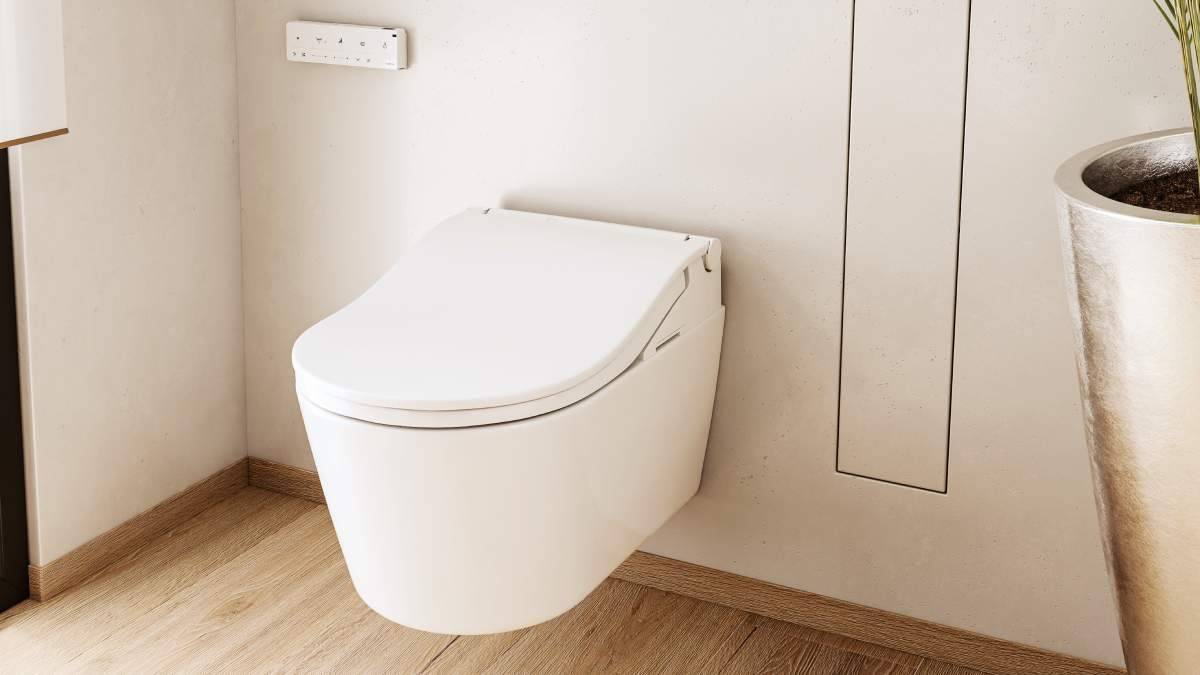 Toto Washlet RW mit weißer Leiste, Fernbedienung und Drückerplatte ...